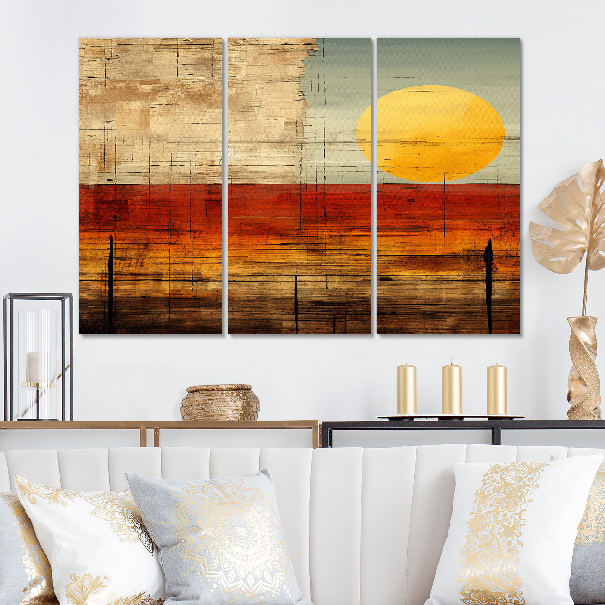 Design Art Nostalgia Sunset Full Moon Rising - Modern Geometric Wall Art Prints Set | Wayfair